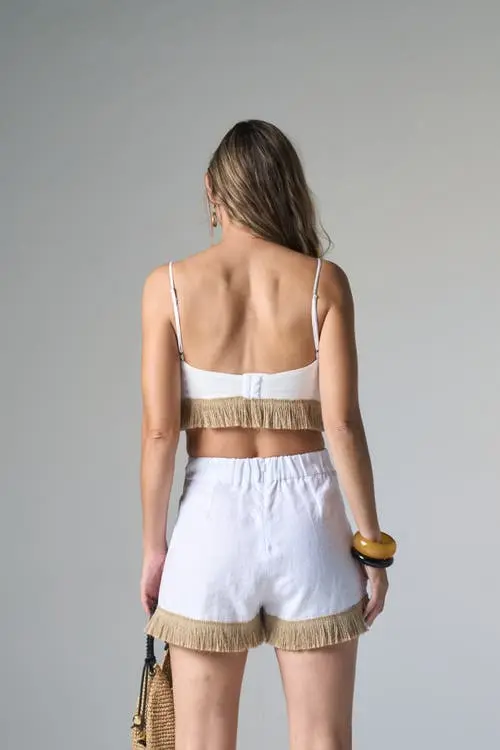JBQ Breya Cropped Linen Bustier Top With Fringe Detail