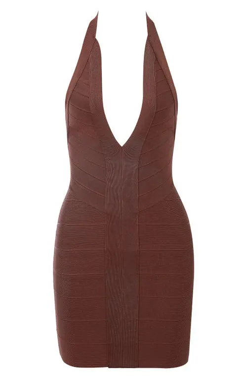 House Of Cb Plunge Bandage Halter Mini Dress - Chocolate Brown