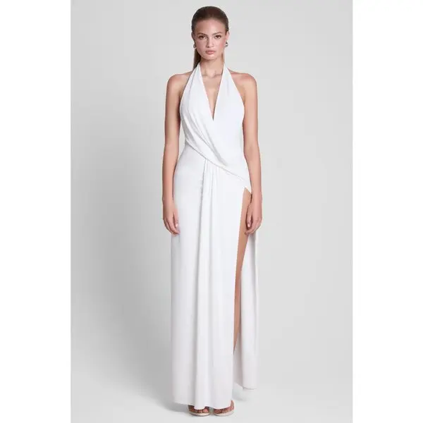 LEAU Palermo Plunge Drape Maxi Dress - White