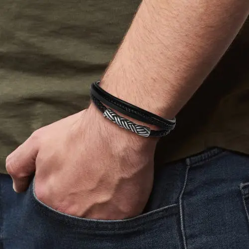 Lucky Brand Braided Leather Multi-row Bracelet With Barrel Detail