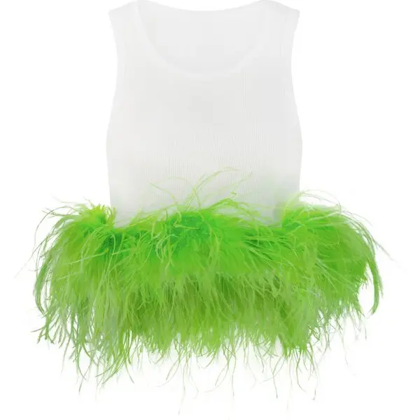 UCHÈ Uche Feather Trim Cropped Tank Top - White/green