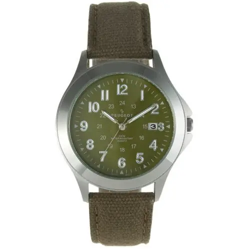 PEUGEOT Military Dial Calendar Canvas Strap Watch 40mm - Green