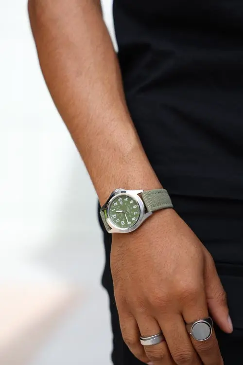 PEUGEOT Military Dial Calendar Canvas Strap Watch 40mm - Green