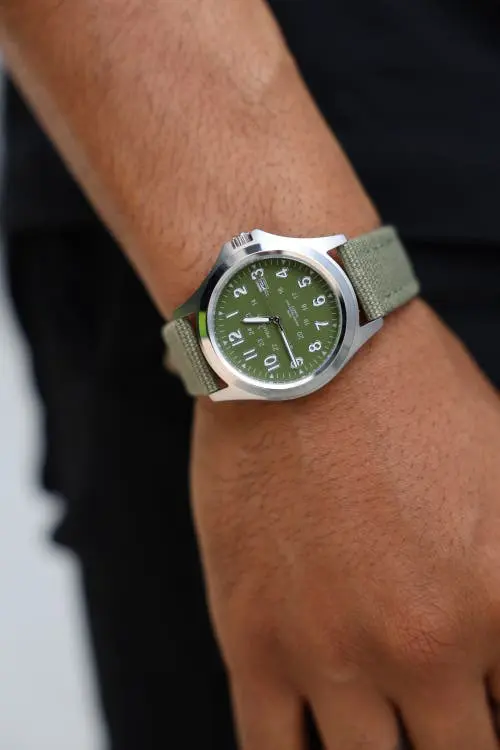 PEUGEOT Military Dial Calendar Canvas Strap Watch 40mm - Green