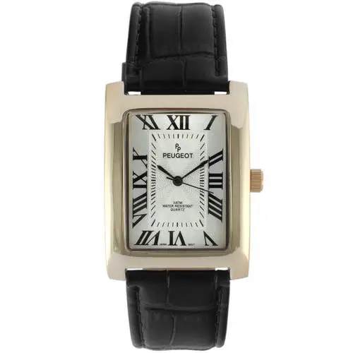 PEUGEOT Vintage Roman Numeral Tank Leather Watch43x30mm - Black