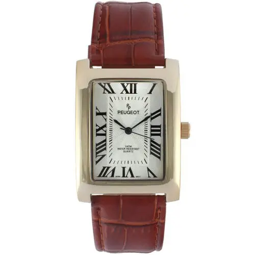 PEUGEOT Vintage Roman Numeral Tank Leather Watch43x30mm - Brown