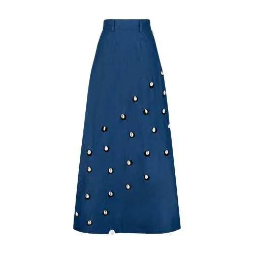 UCHÈ Uche Cowrie Shell Embellished Denim Maxi Skirt