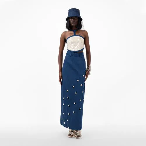 UCHÈ Uche Cowrie Shell Embellished Denim Maxi Skirt