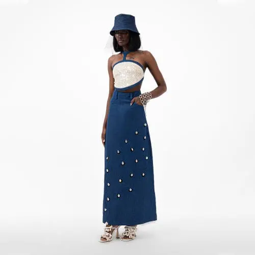 UCHÈ Uche Cowrie Shell Embellished Denim Maxi Skirt