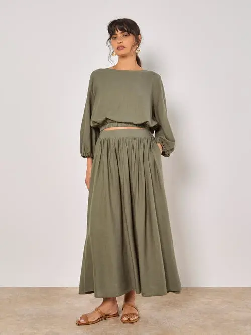 APRICOT Linen Pleated Full Midi Skirt - Khaki