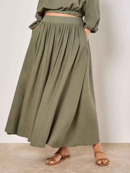 APRICOT Linen Pleated Full Midi Skirt - Khaki