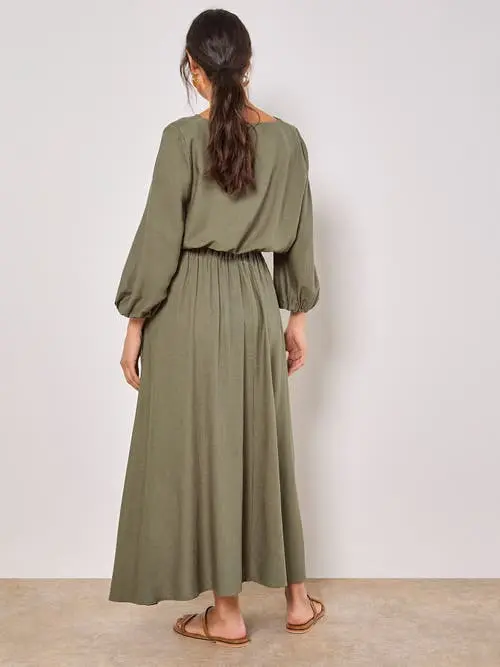APRICOT Linen Pleated Full Midi Skirt - Khaki