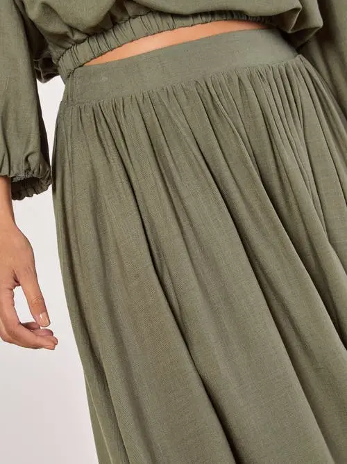 APRICOT Linen Pleated Full Midi Skirt - Khaki