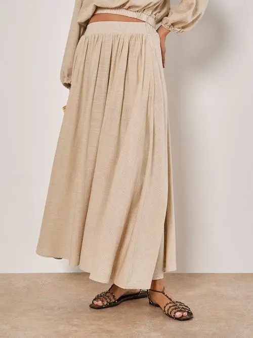 APRICOT Linen Pleated Full Midi Skirt - Stone