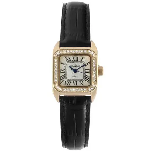 PEUGEOT Status Square Crystal Bezel Leather Watch34x24mm - Black