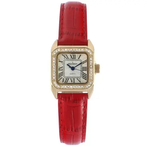 PEUGEOT Status Square Crystal Bezel Leather Watch34x24mm - Red