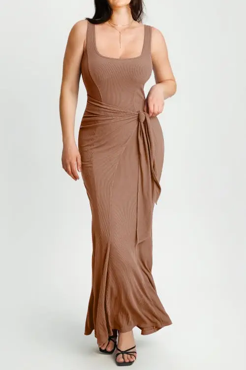 POPILUSH Modal Twist Wrap Maxi Dress With Built-in Shapewear - Camel