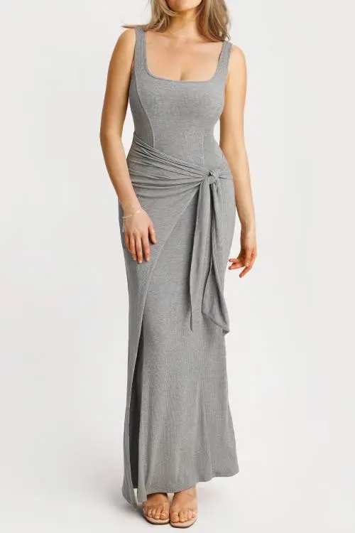 POPILUSH Modal Twist Wrap Maxi Dress With Built-in Shapewear - Silver