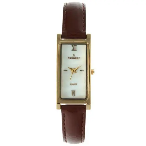 PEUGEOT Rectangular Mother Of Pearl Dial Watch With Glossy Leather Strap - Brown