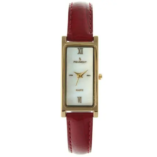 PEUGEOT Rectangular Mother Of Pearl Dial Watch With Glossy Leather Strap - Red