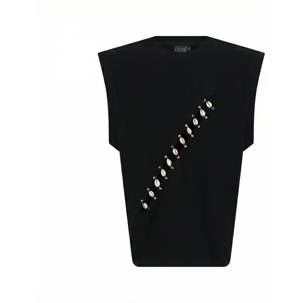 UCHÈ Sleeveless Crewneck Shirt With Cowrie Shell Embellishment - Black