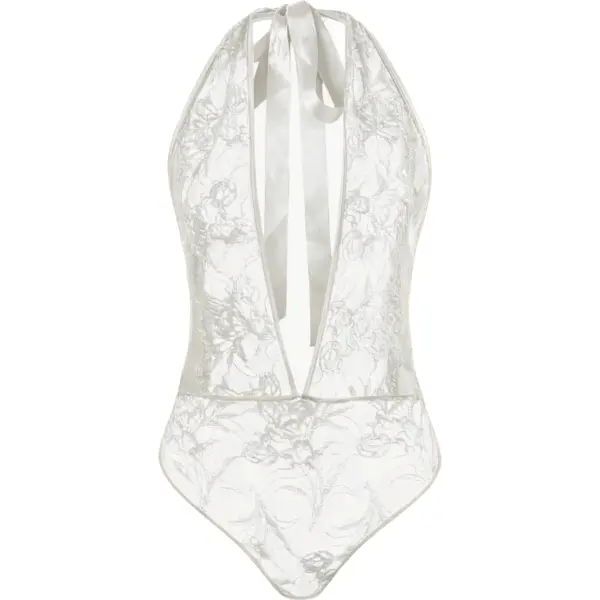 MERS SILK Noir Lace Bodysuit With Ribbon Tie - White