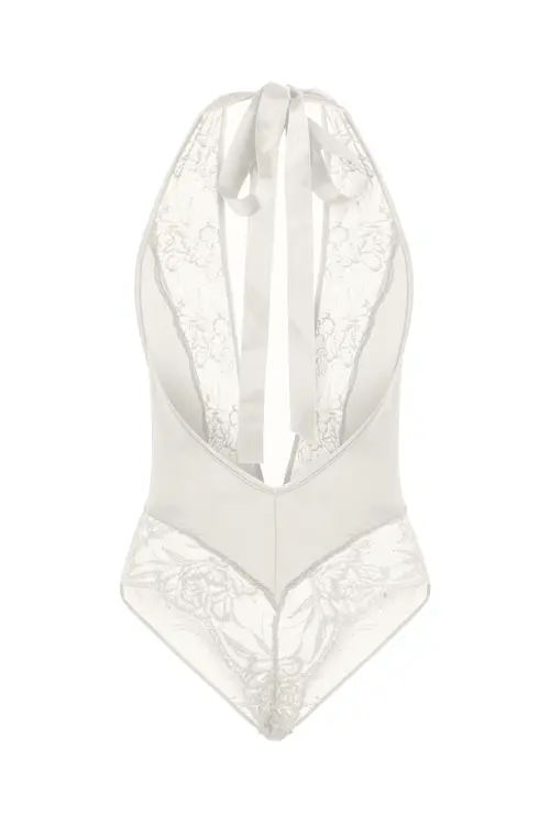 MERS SILK Noir Lace Bodysuit With Ribbon Tie - White