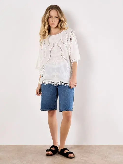 APRICOT Cotton Round Neck Crochet Top
