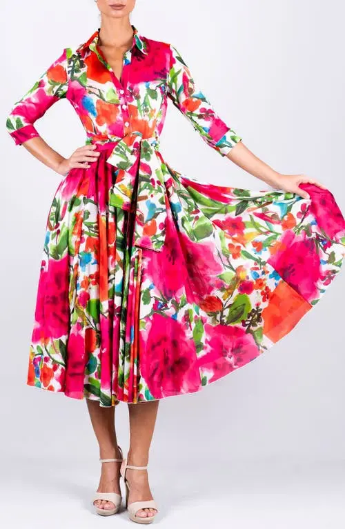 Samantha Sung Watercolor Bloom A-line Midi Shirtdress