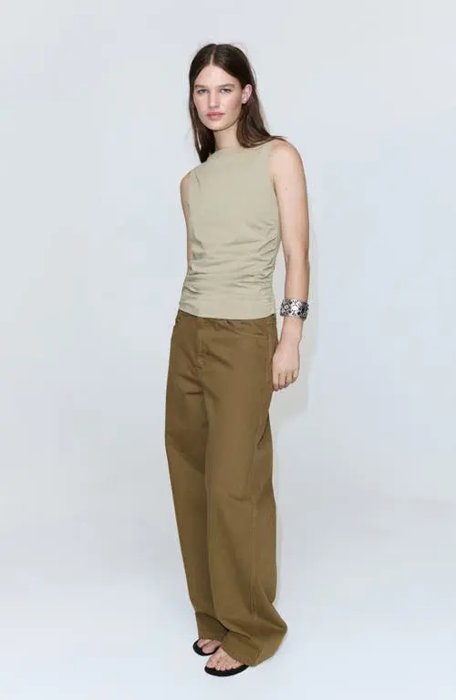 Mango Ruched Stretch Cotton Sleeveless Top - Khaki