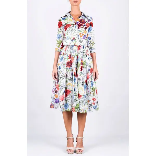 Samantha Sung Multicolor Botanic Pleated Midi Shirtdress