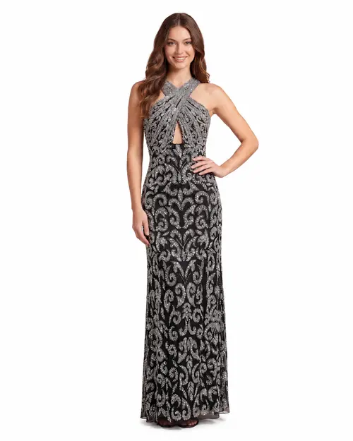 LARA NEW YORK Beaded Cross Halter Dress