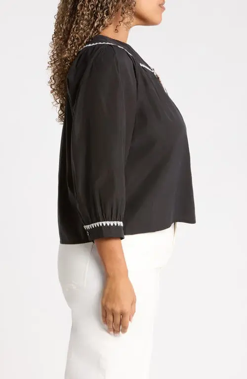 RAIN AND ROSE Embroidered Split Neck Balloon Sleeve Blouse
