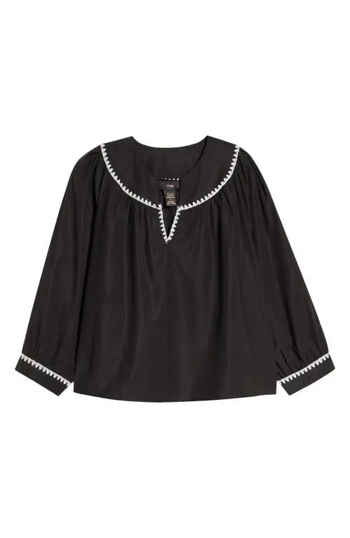 RAIN AND ROSE Embroidered Split Neck Balloon Sleeve Blouse