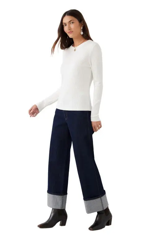 Karen Kane Cropped Wide Leg Jeans With Cuffed Hem