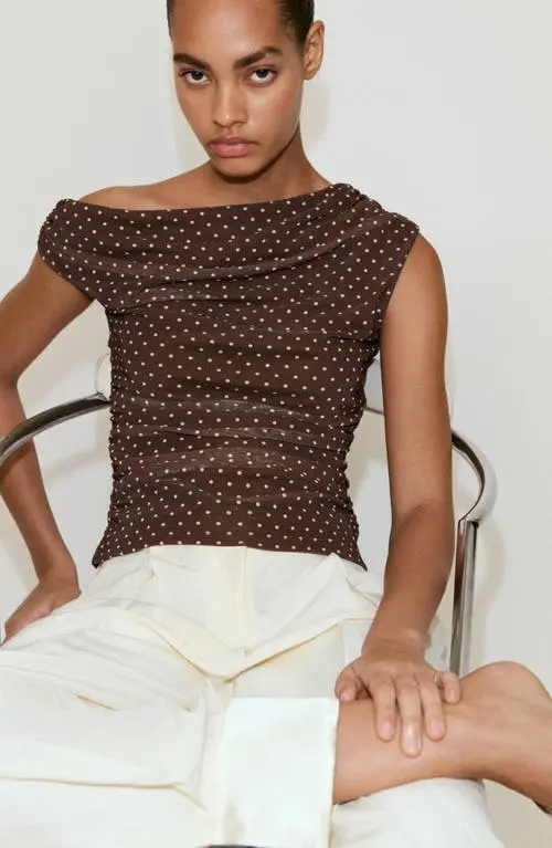 Mango Asymmetrical Polka Dot Off The Shoulder Mesh Top