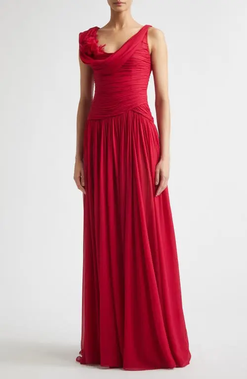 Carolina Herrera Floral Appliqué Draped Silk Chiffon Gown - Cranberry