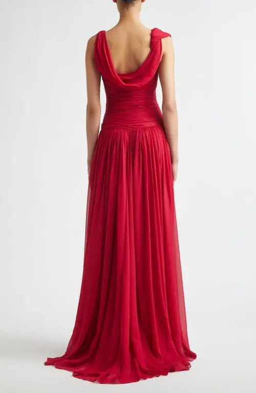 Carolina Herrera Floral Appliqué Draped Silk Chiffon Gown