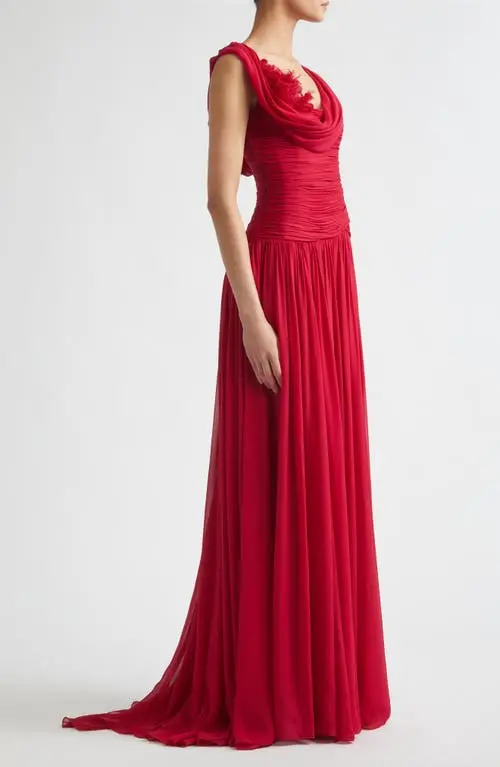 Carolina Herrera Floral Appliqué Draped Silk Chiffon Gown