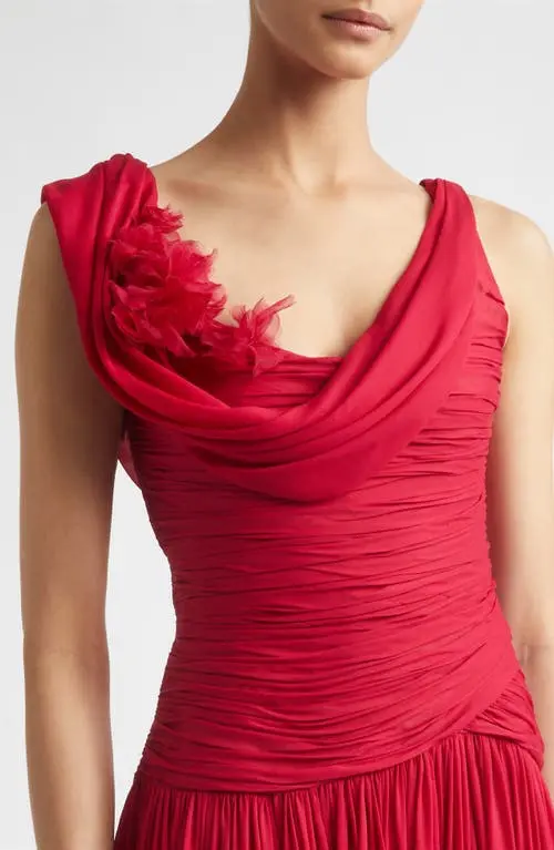 Carolina Herrera Floral Appliqué Draped Silk Chiffon Gown