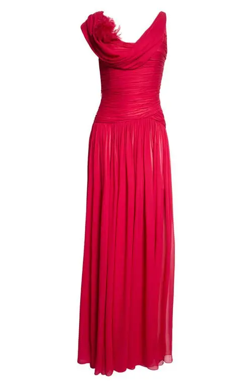 Carolina Herrera Floral Appliqué Draped Silk Chiffon Gown