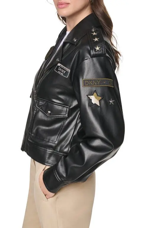 Dkny Faux Leather Patch Embellished Bomber Jacket