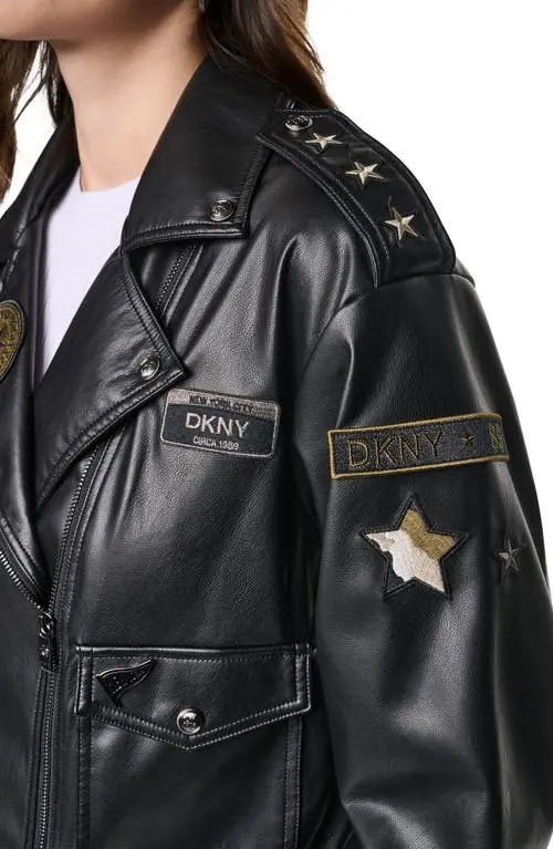 Dkny Faux Leather Patch Embellished Bomber Jacket