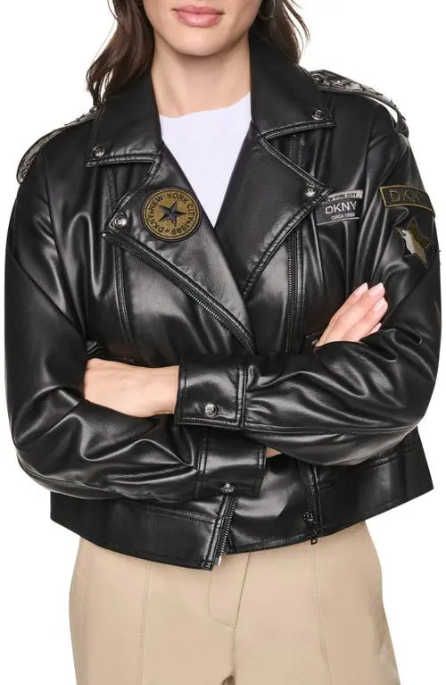 Dkny Faux Leather Patch Embellished Bomber Jacket