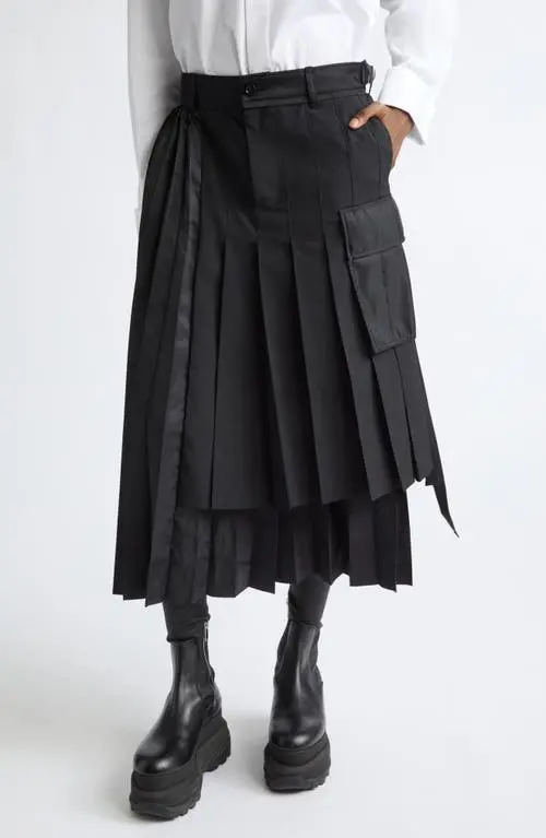 Sacai Pleated Mixed Media Midi Skirt - Black