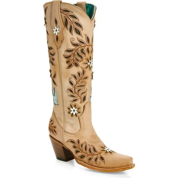 CORRAL Flower & Bird Cutout Cowboy Boot - Straw