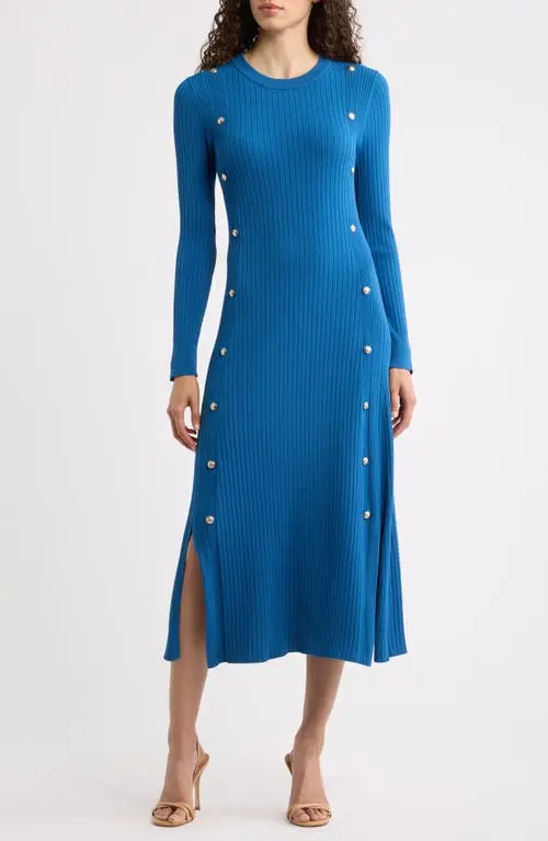 Elie Tahari Tamara Button Detail Long Sleeve Midi Sweater Dress - Blue Dream