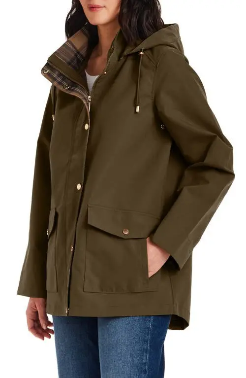Gallery Water Resistant Hooded Raincoat With Plaid Lining - Olive