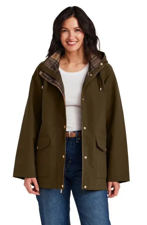 Gallery Water Resistant Hooded Raincoat With Plaid Lining - Olive