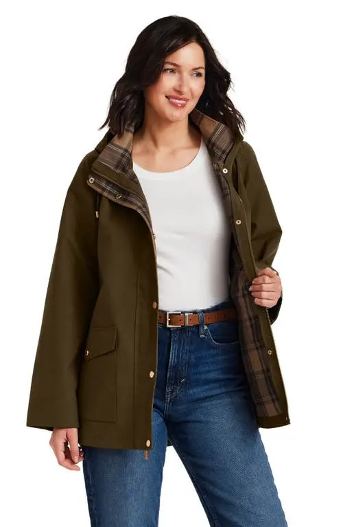 Gallery Water Resistant Hooded Raincoat With Plaid Lining - Olive